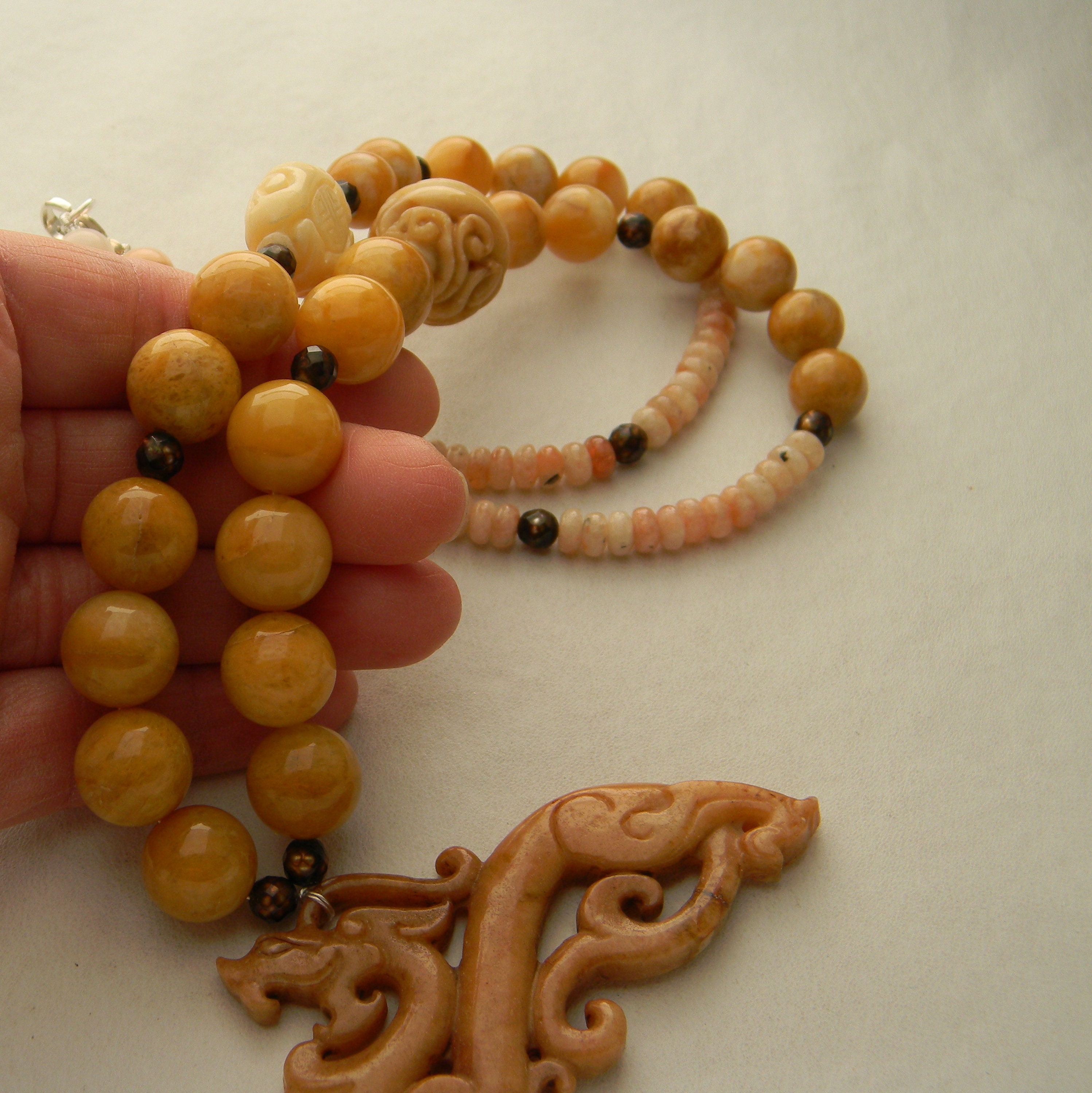 Jade Dragon Pendant on Large Jade Beads and Charms Necklace , Natural ...