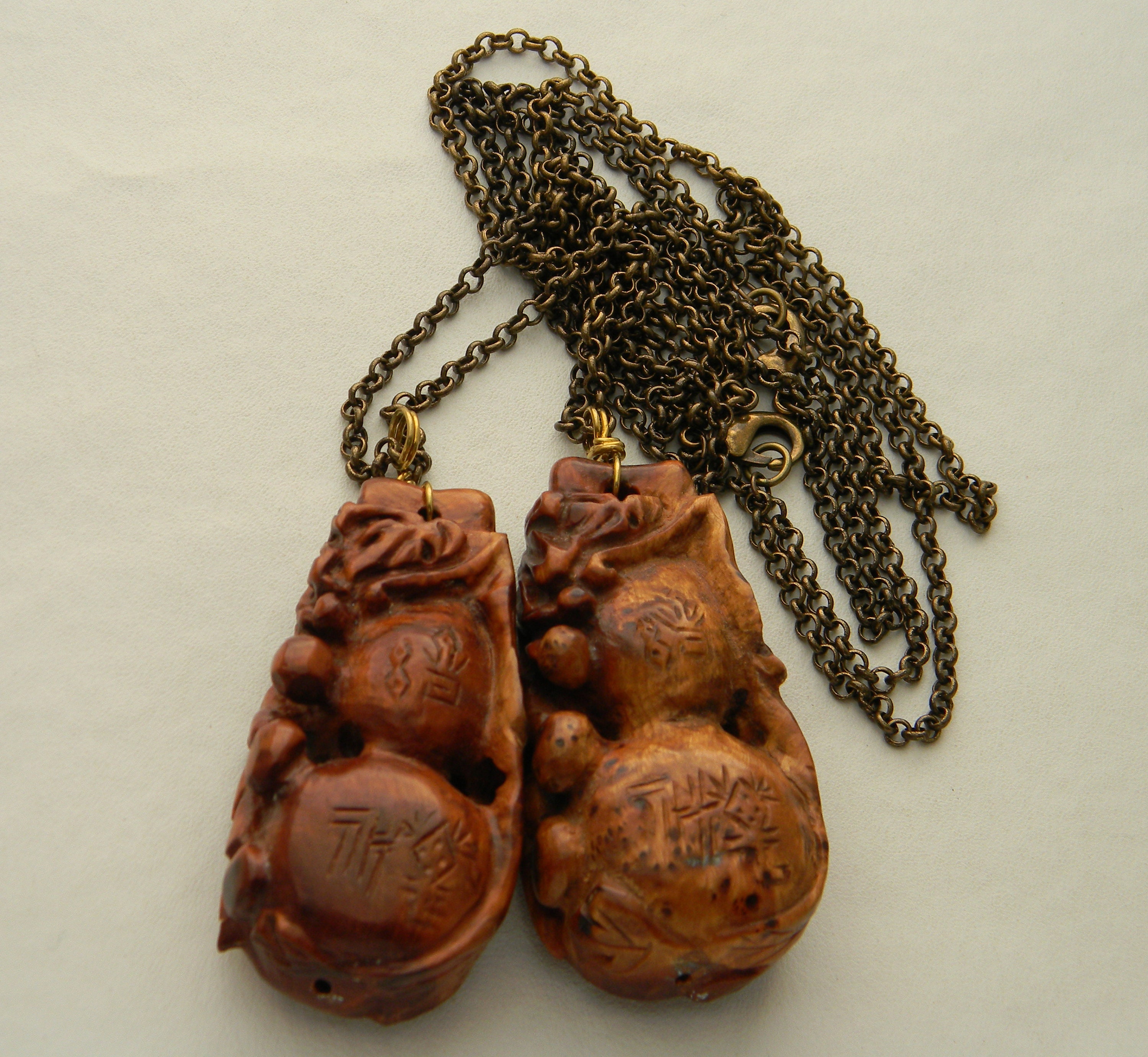 Vintage Boxwood Netsuke Pendant & Brass Chain Necklace , Wood Jewelry ...