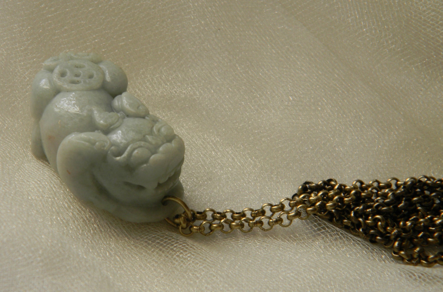 Jade Fu Dog Pendant W Brass Chain Necklace , Blue Jade Jewelry ...