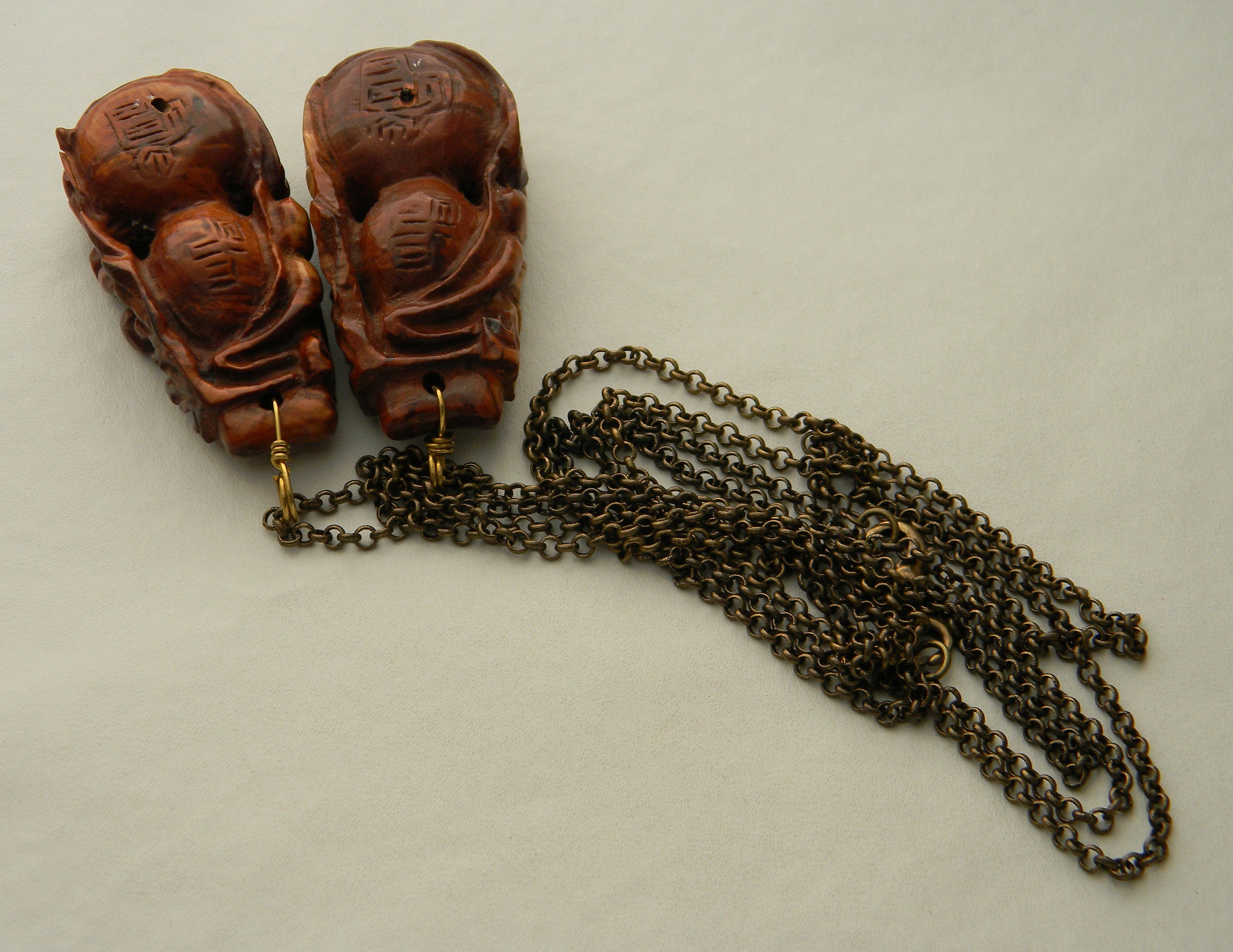 Vintage Boxwood Netsuke Pendant & Brass Chain Necklace , Wood Jewelry ...