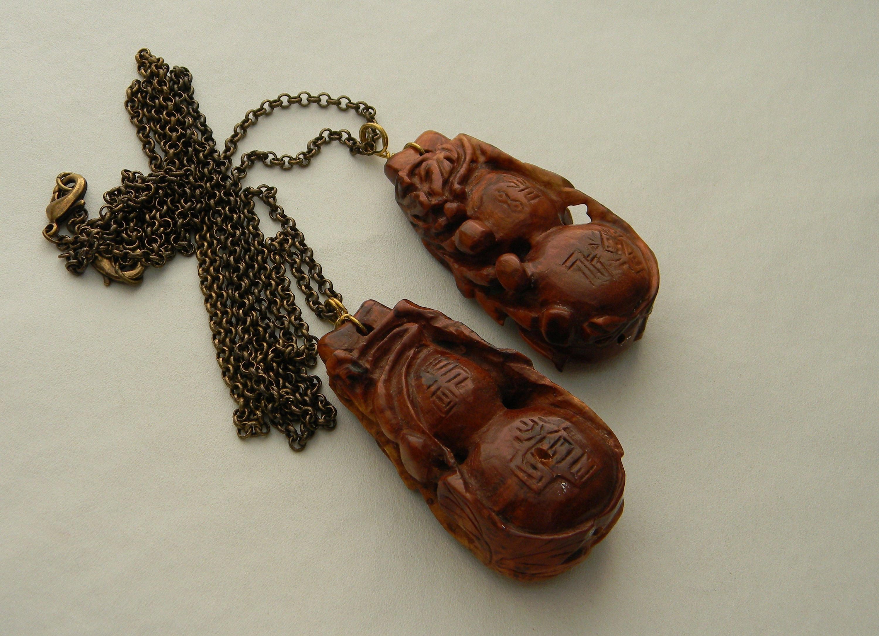 Vintage Boxwood Netsuke Pendant & Brass Chain Necklace , Wood Jewelry ...