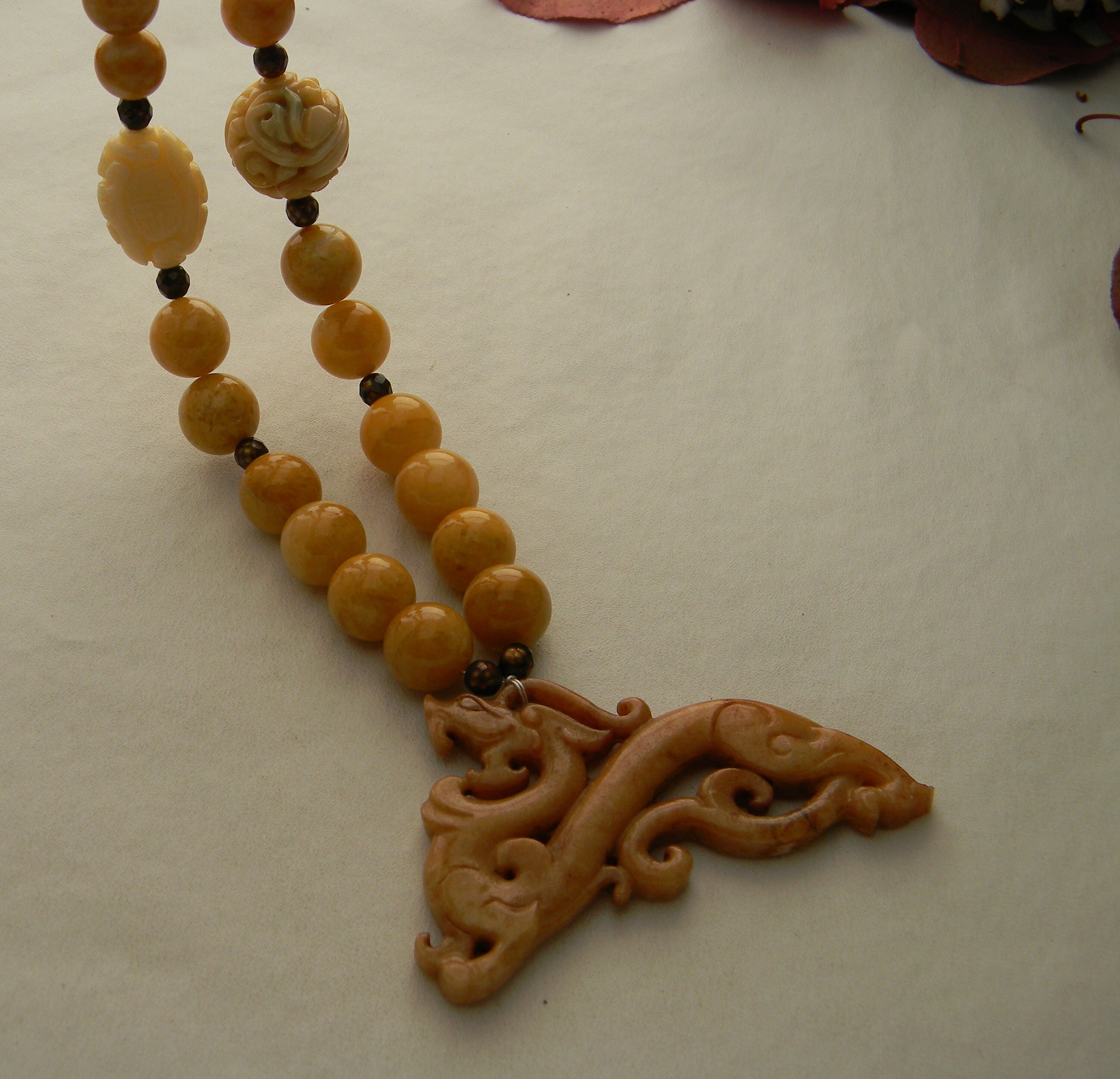Jade Dragon Pendant on Large Jade Beads and Charms Necklace , Natural ...