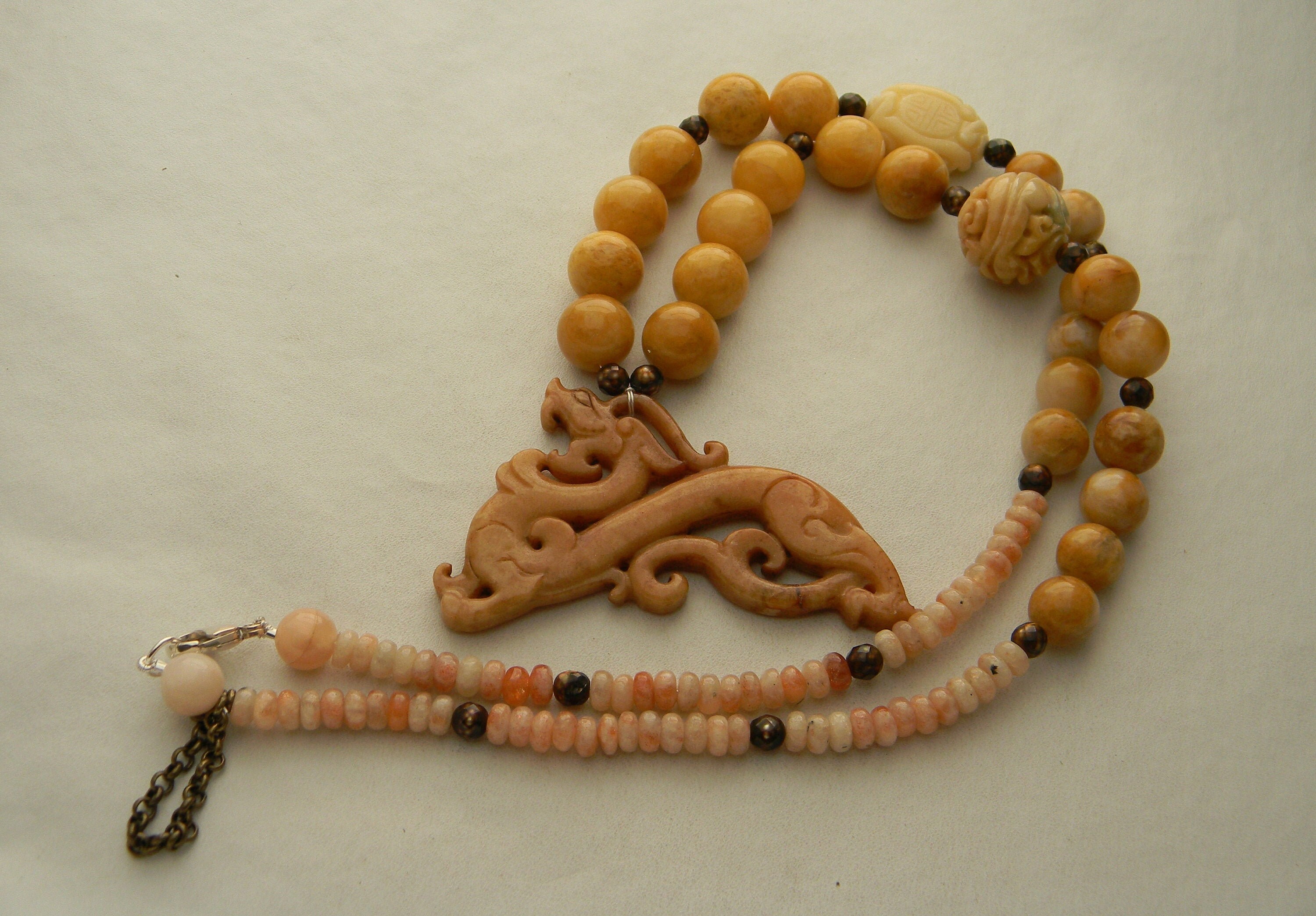 Jade Dragon Pendant on Large Jade Beads and Charms Necklace , Natural ...