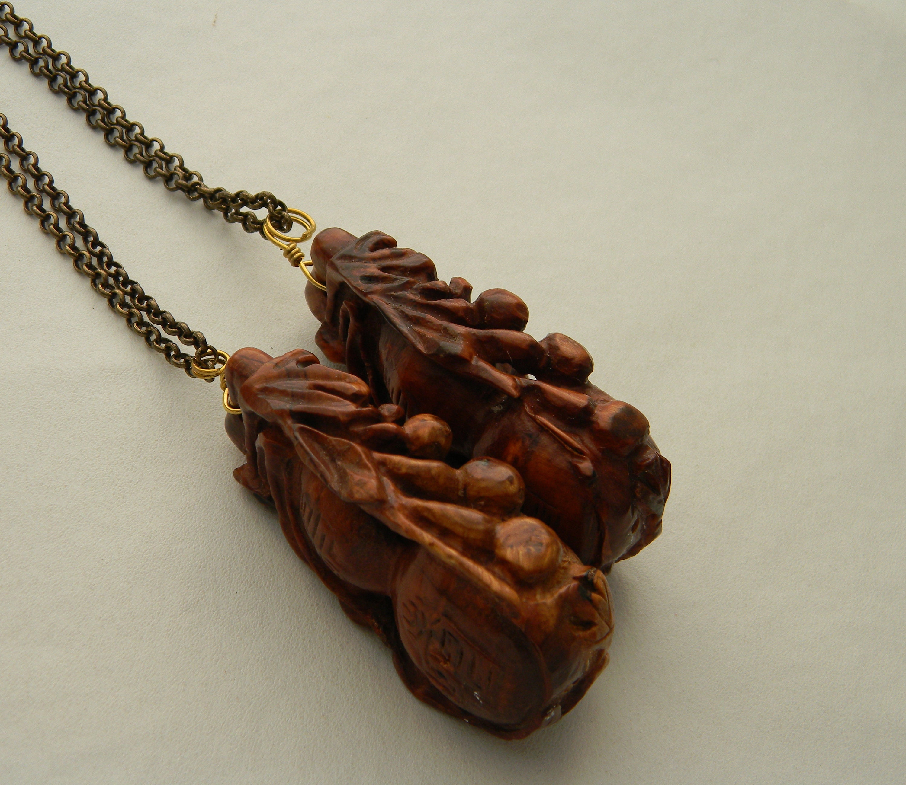 Vintage Boxwood Netsuke Pendant & Brass Chain Necklace , Wood Jewelry ...
