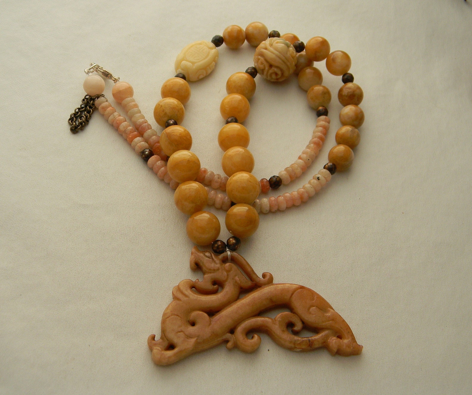 Jade Dragon Pendant on Large Jade Beads and Charms Necklace , Natural ...