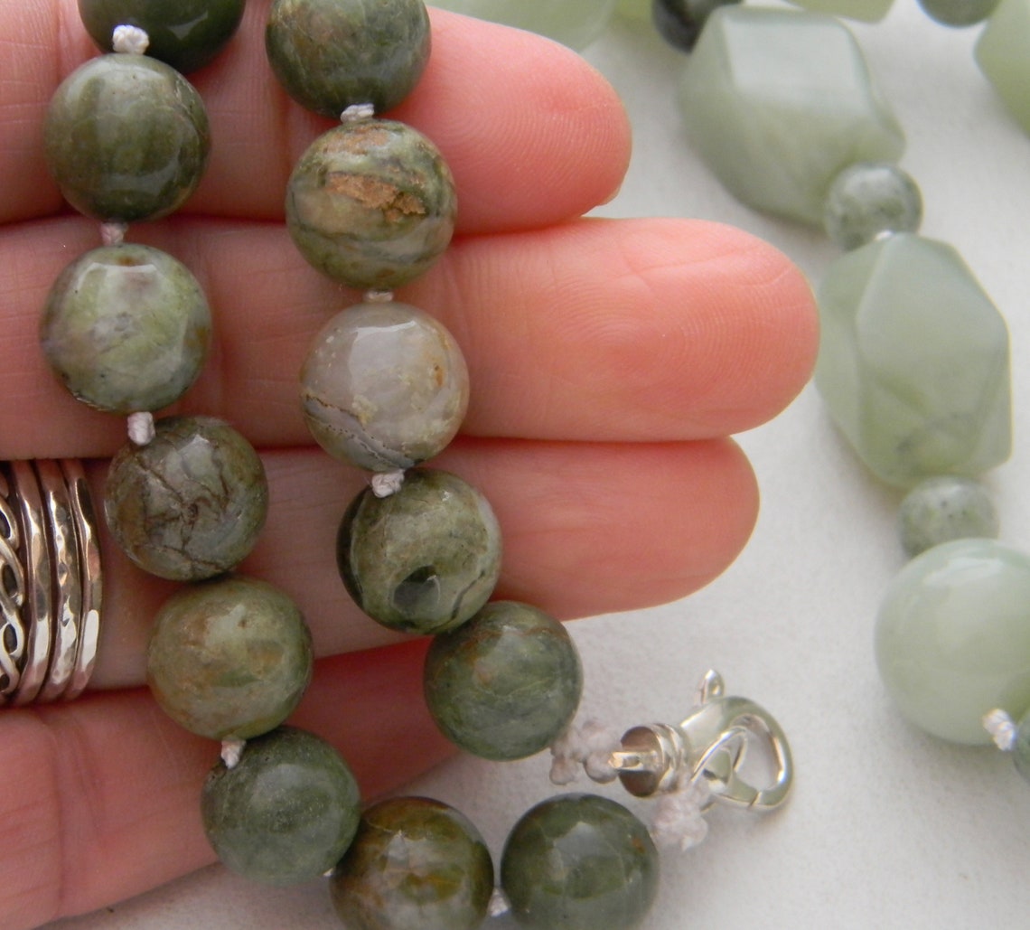 Carved Jade Bead Pendant on Large Celadon Jade Beads Necklace , Silk ...