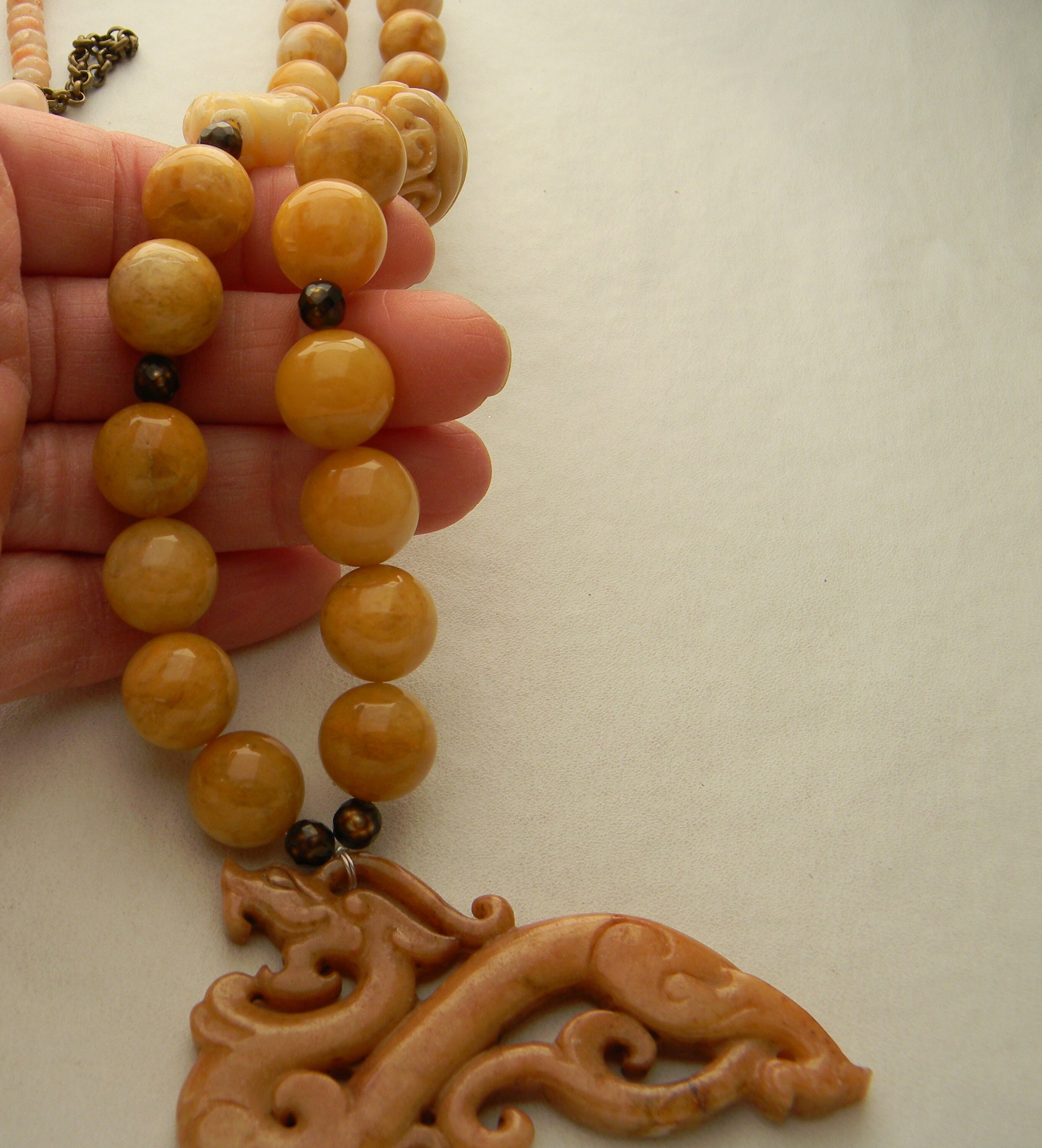Jade Dragon Pendant on Large Jade Beads and Charms Necklace , Natural ...