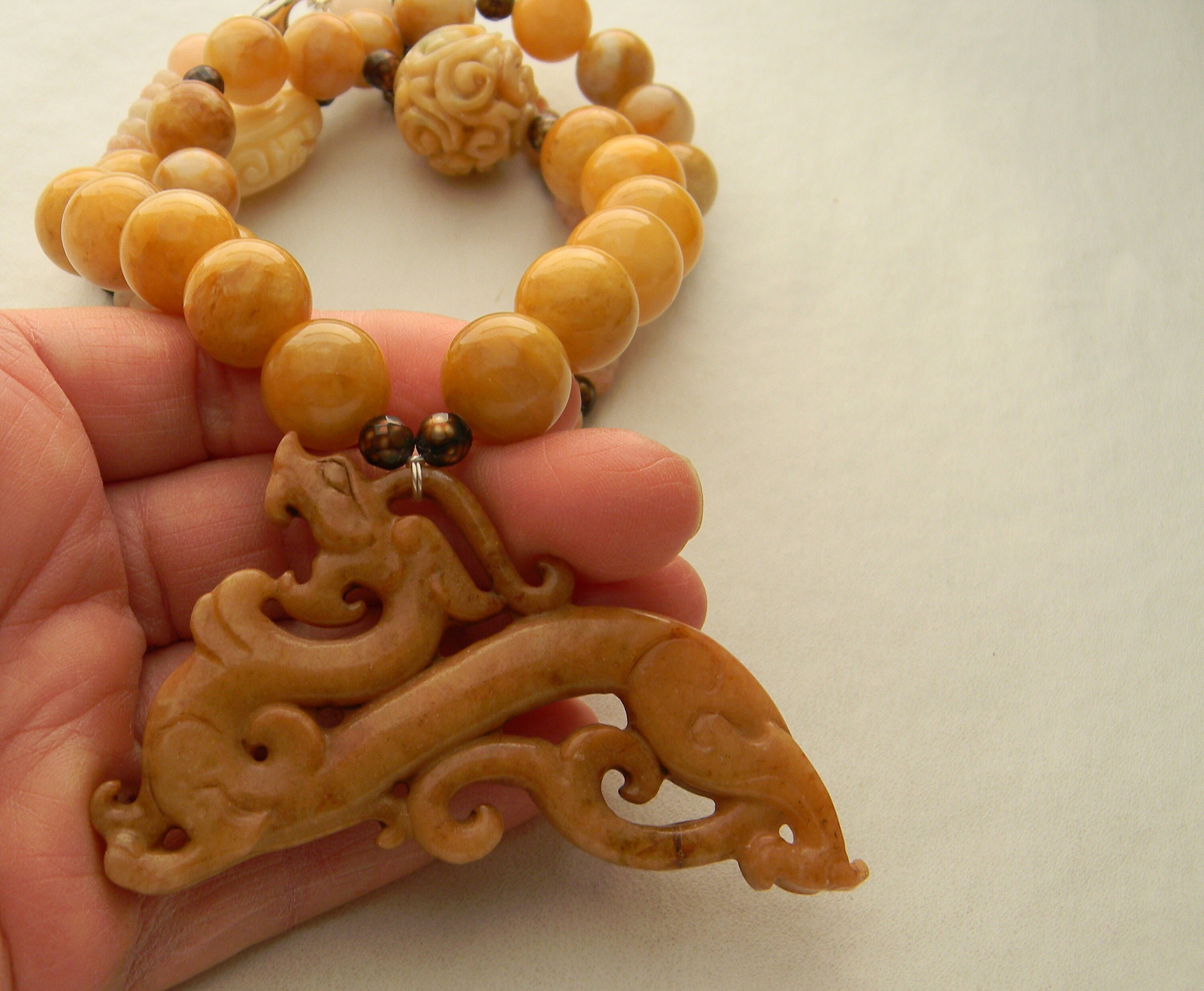 Jade Dragon Pendant on Large Jade Beads and Charms Necklace , Natural ...