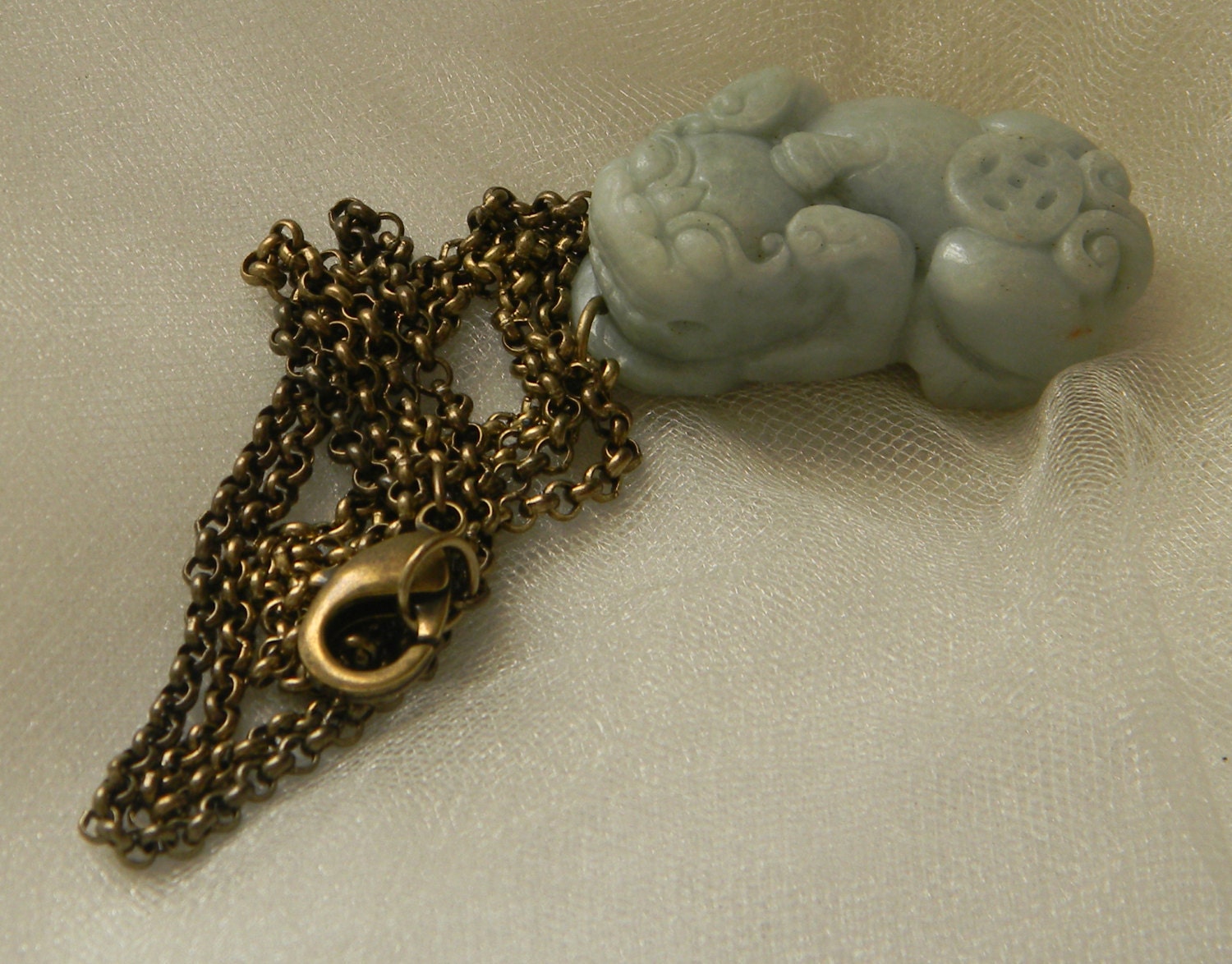 Jade Fu Dog Pendant W Brass Chain Necklace , Blue Jade Jewelry ...
