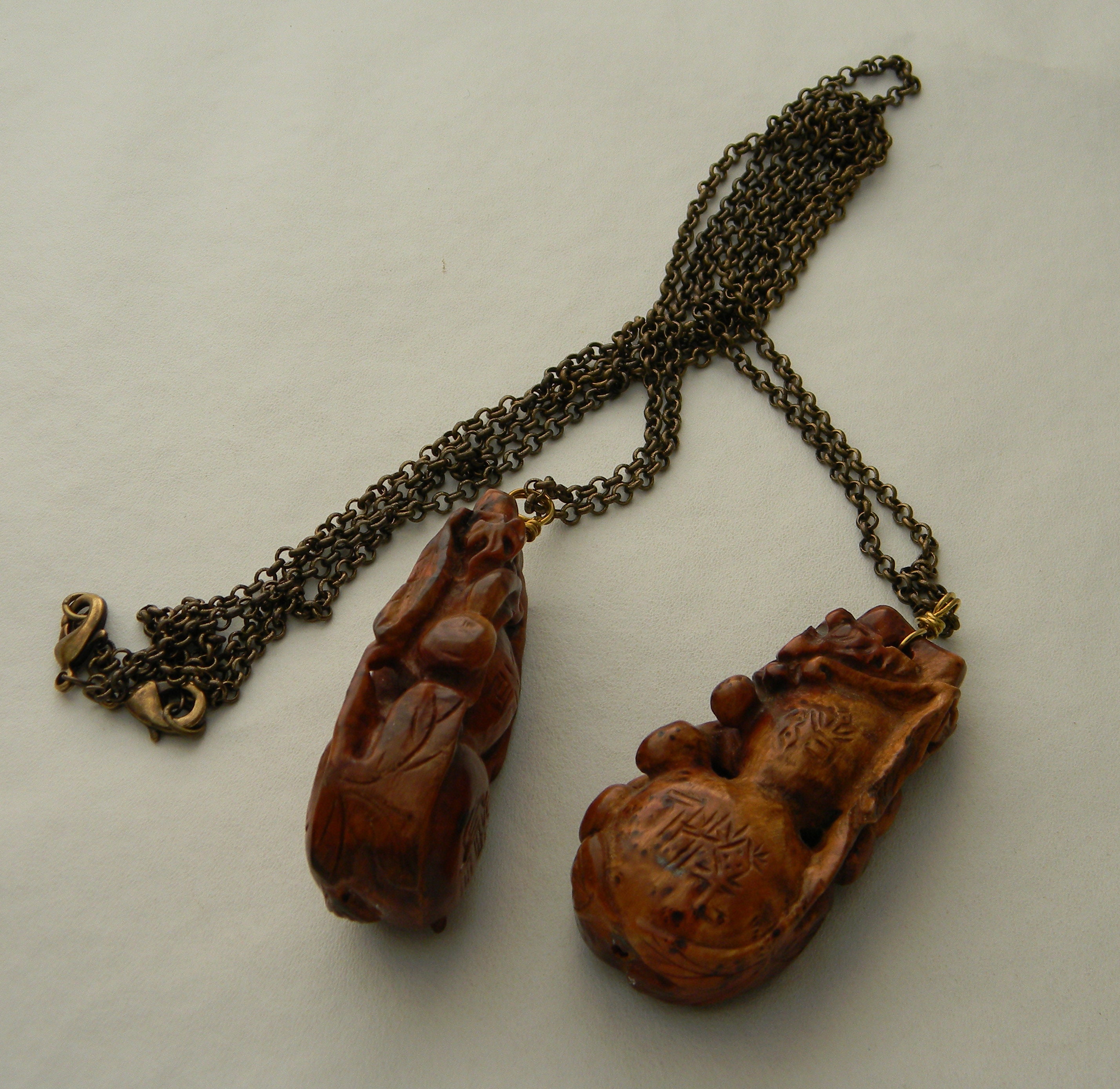 Vintage Boxwood Netsuke Pendant & Brass Chain Necklace , Wood Jewelry ...