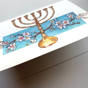 Jewish Seven Branch Menorah With Almond Blossoms Watercolor Greeting ...