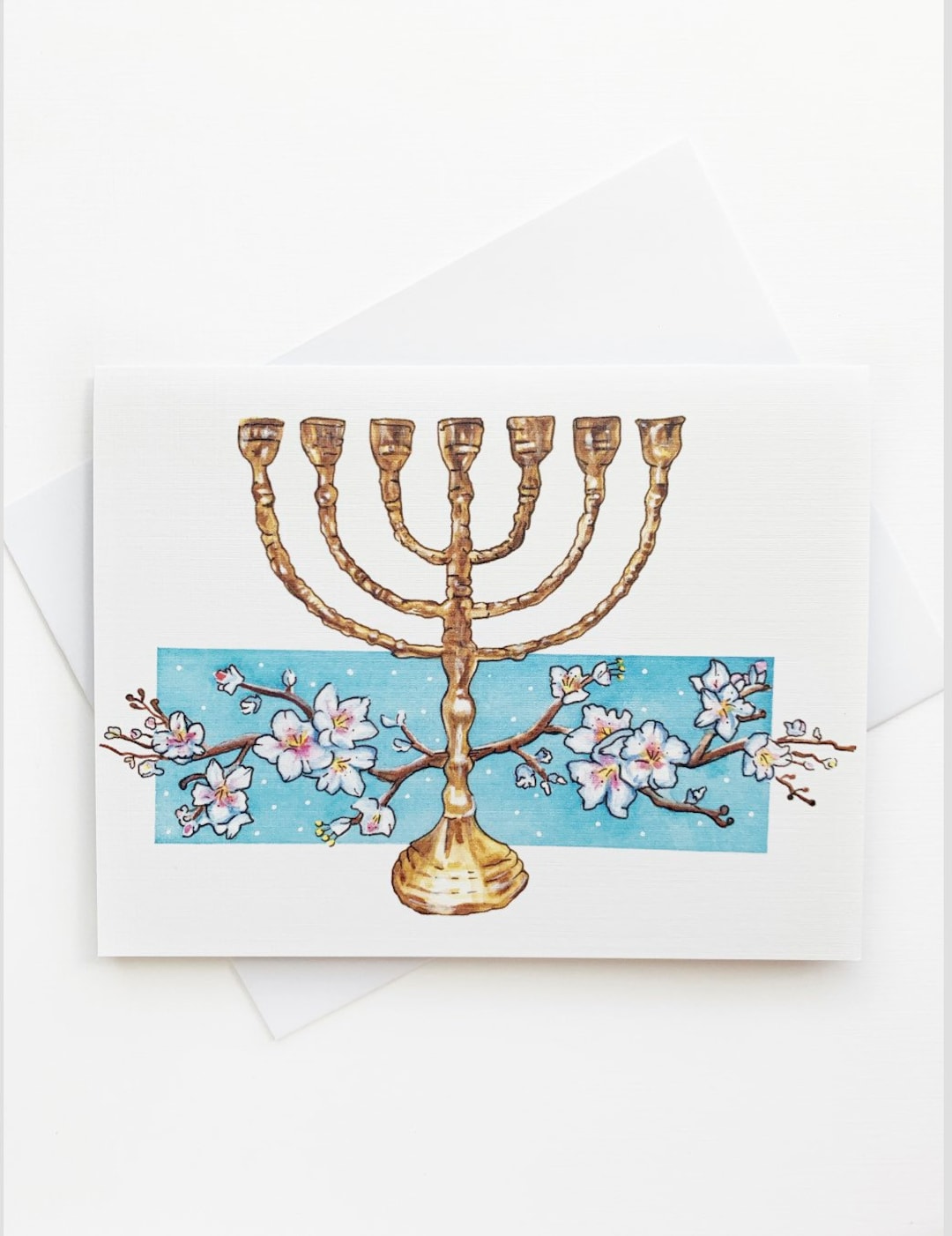 Jewish Seven Branch Menorah With Almond Blossoms Watercolor Greeting ...