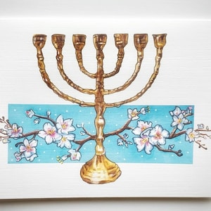 Jewish Seven Branch Menorah With Almond Blossoms Watercolor Greeting ...