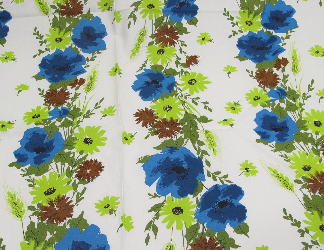 A Bates Print Blue Floral Fabric~~~3 1/3 Yards (120")~~~1960's-1970's ...