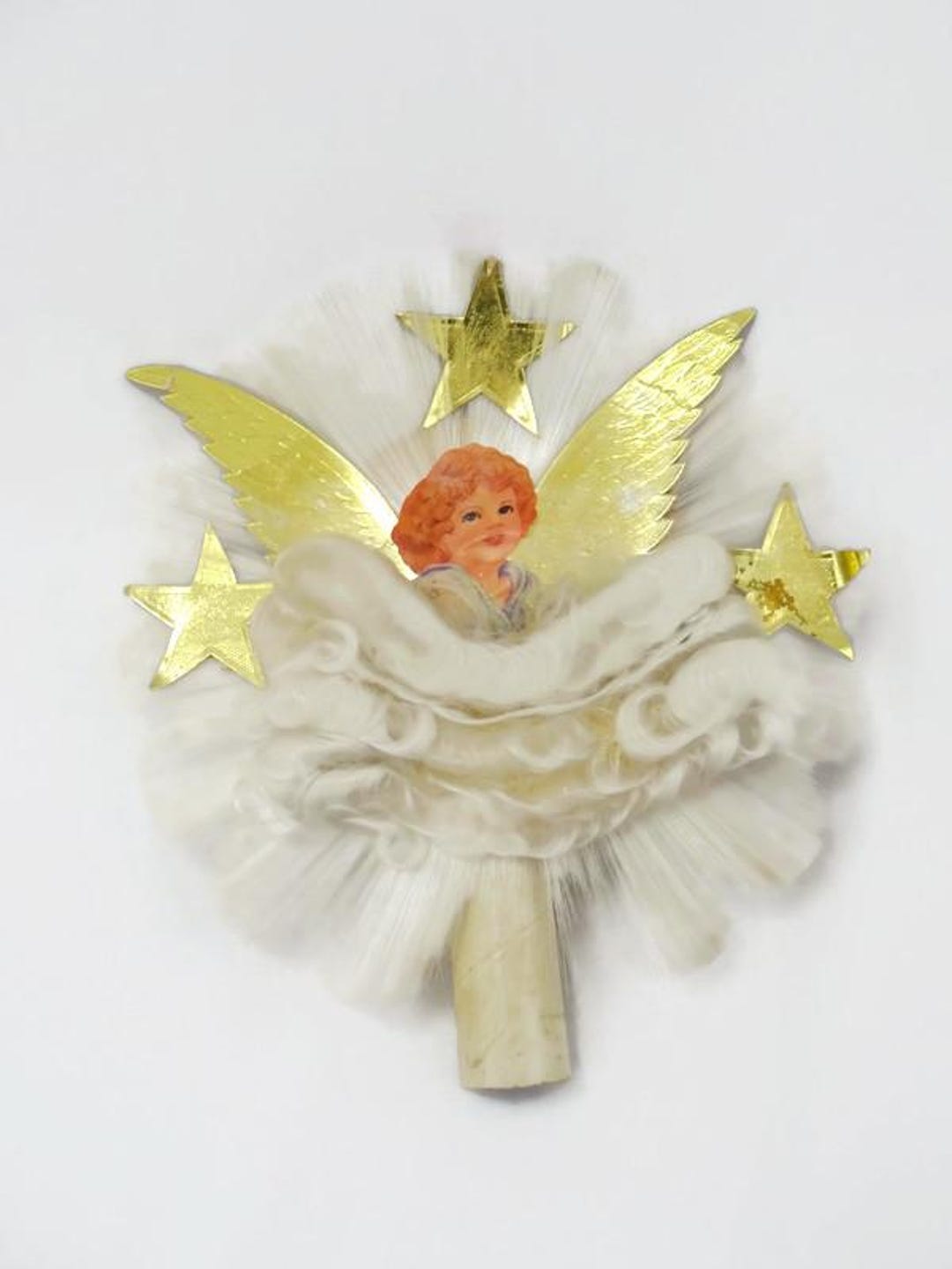Vintage Spun Glass Angel Tree Topper Gold Foil Wings Die Cut Stars ...