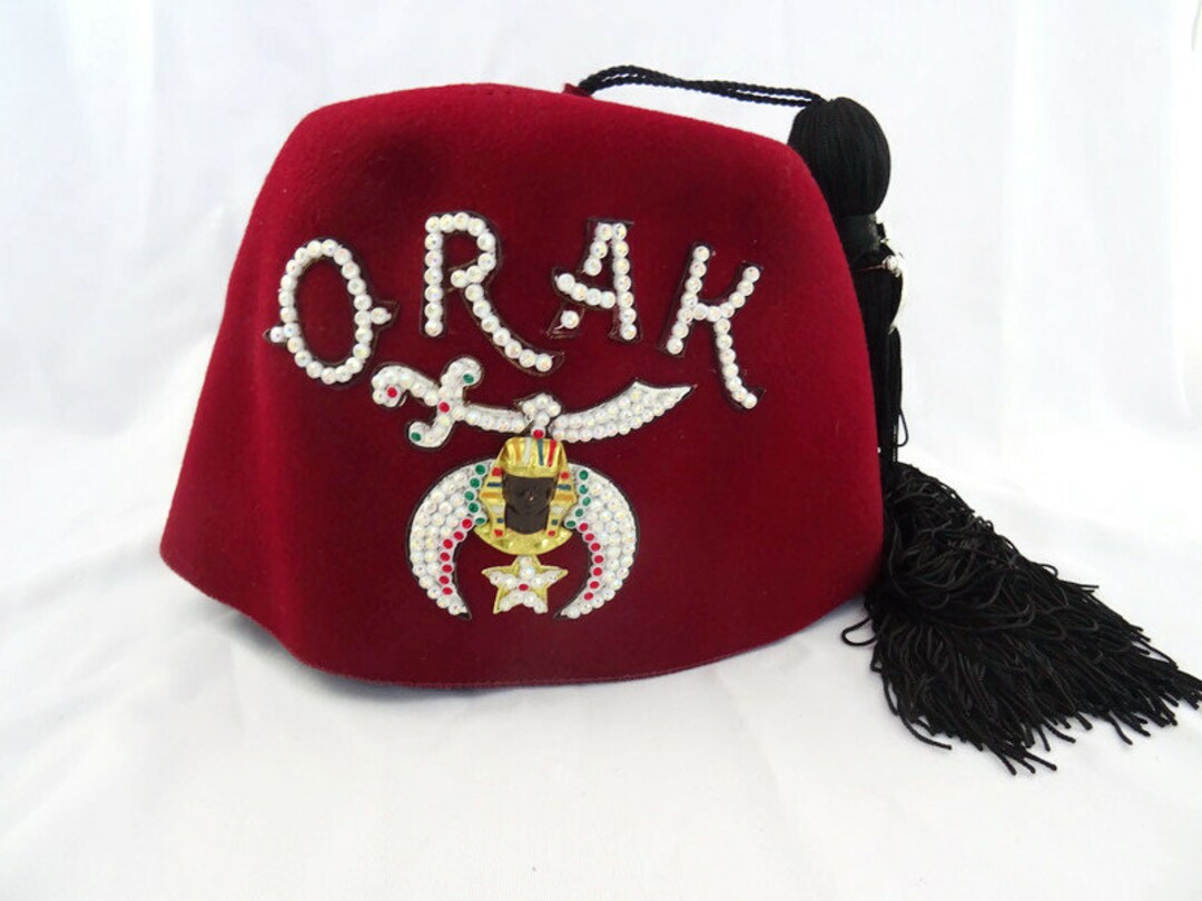 Vintage Shriner Hat Orak Jeweled Sword Maroon Fez With Tassel Beaded ...