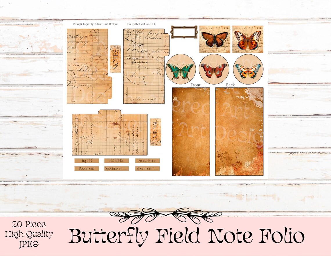 Butterfly Field Note Folio Kit: Junk Journal Ephemera (digital Download ...