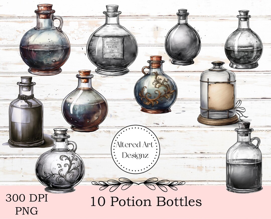 Silver Whimsical Potion Bottles, Fantasy Clipart Images, Commercial Use ...