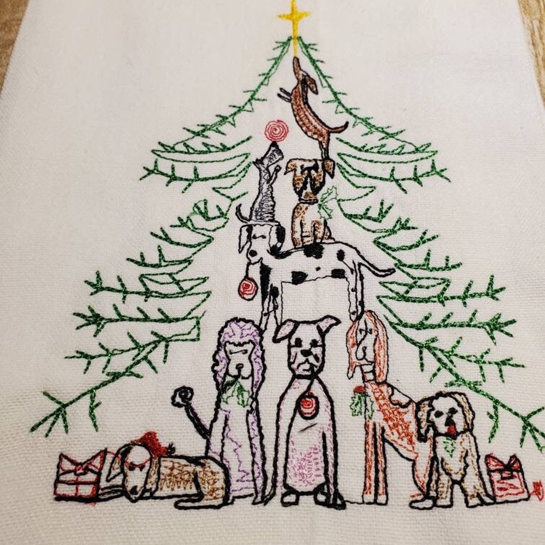 Embroidered Dog Christmas Tree Towel - Etsy