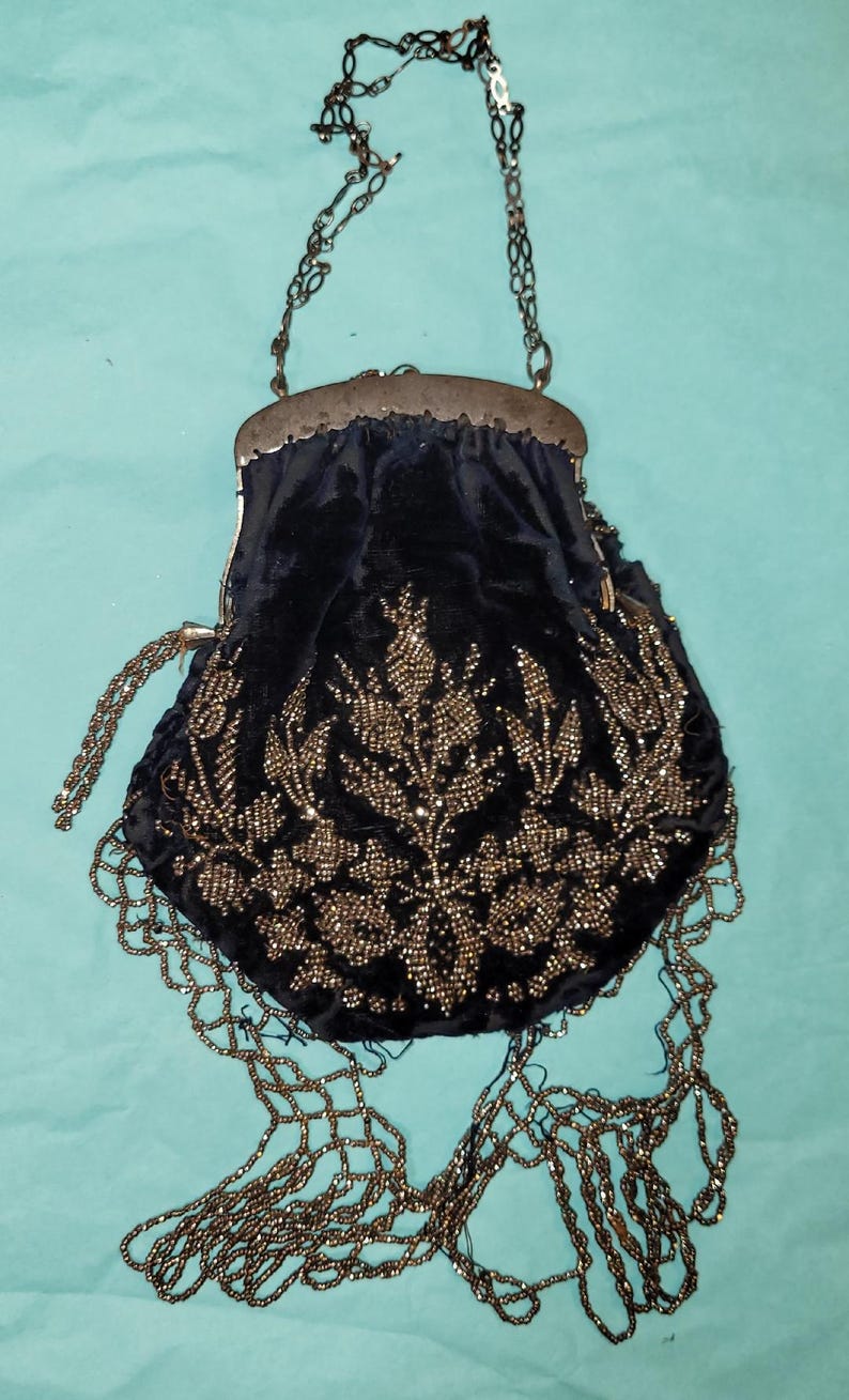 Antique Victorian Black Velvet and Steel Beaded Evening Handbag, Purse ...