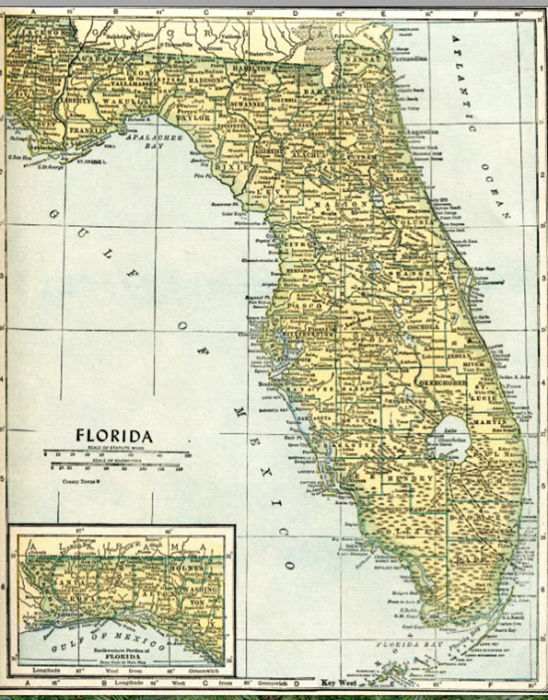 1940s Florida State Map Wall Art Printable at Home, Digital Download ...