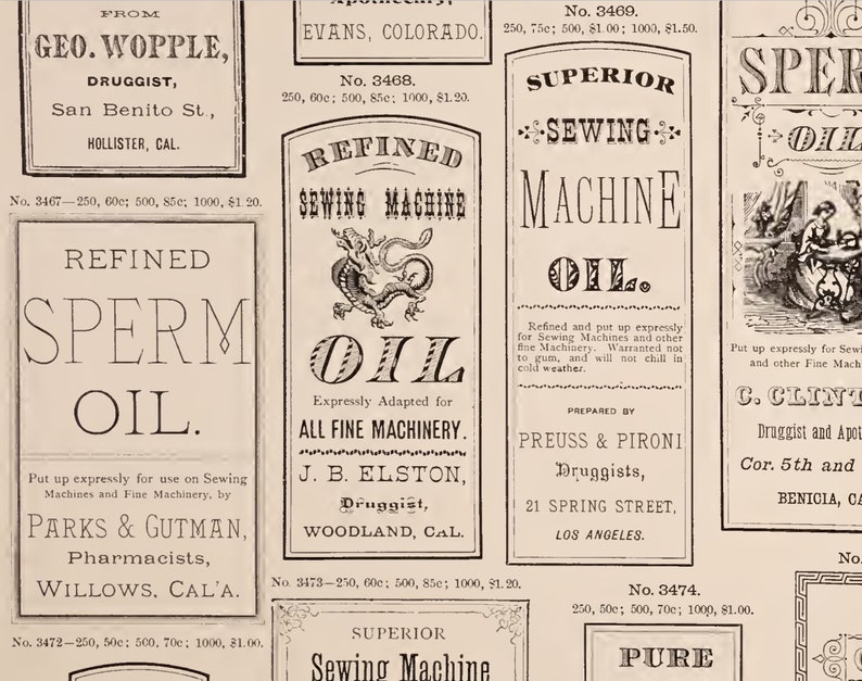 30 Vintage Sewing Machine Whale Oil Apothecary Labels - Etsy
