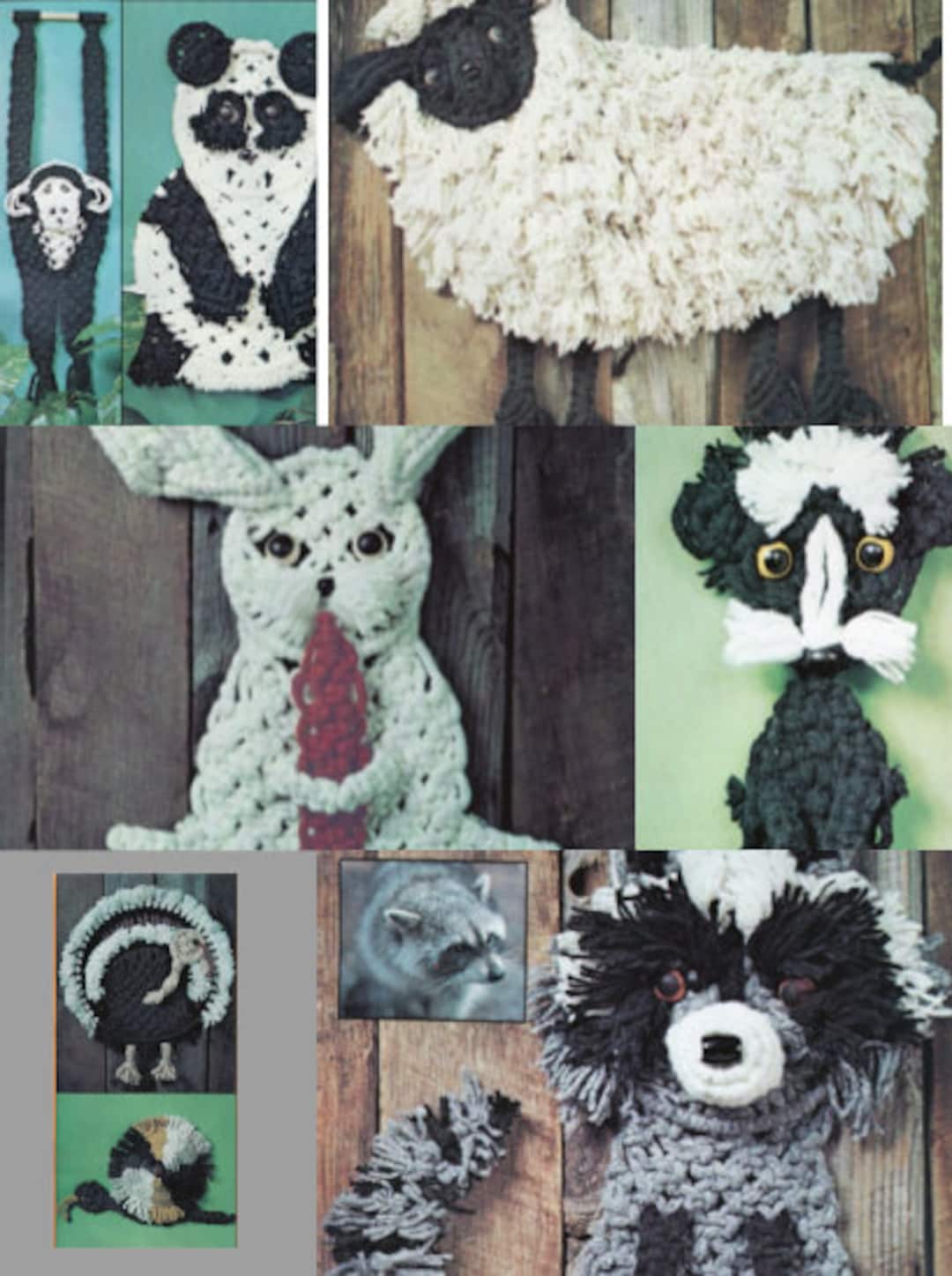 8 Large Macramé Wall Hanging Patterns 70s Raccoon Snail Rabbit Monkey ...