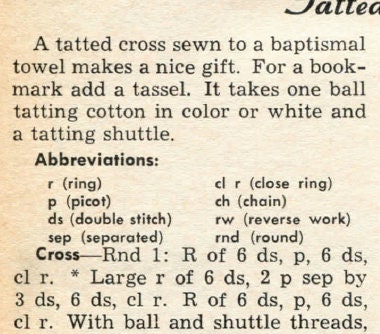 1960s Cross Tatting Pattern PDF, Bible Bookmark Baptism Towel, Digital ...