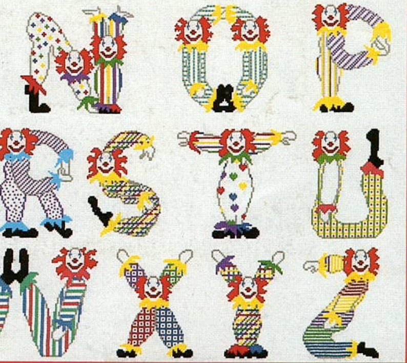 Alphabet Cross-stitch Pattern, Fun Clown in Abcs Retro Font 1970s ...
