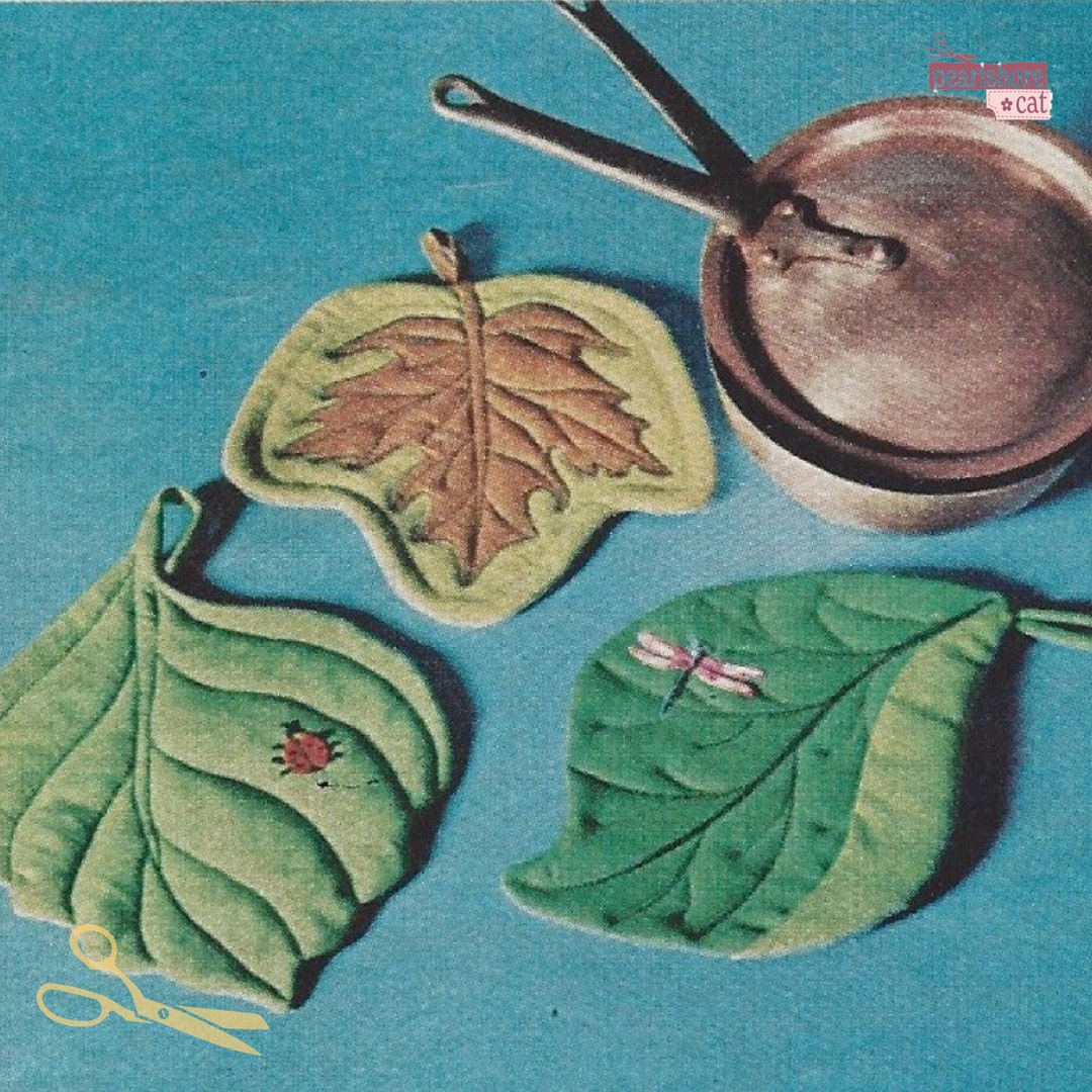 3 Leaf Shaped Potholder Sewing Patterns Pdf Quilted Look With Dragonfly ...