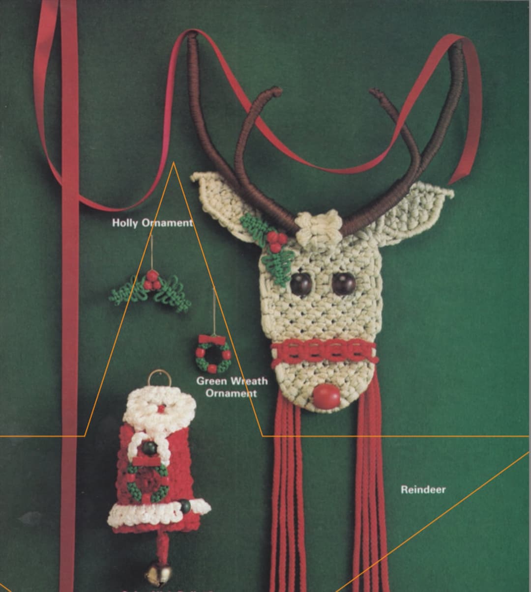 Large Macrame Patterns Reindeer Wall Art and Bell Ornaments Christmas ...