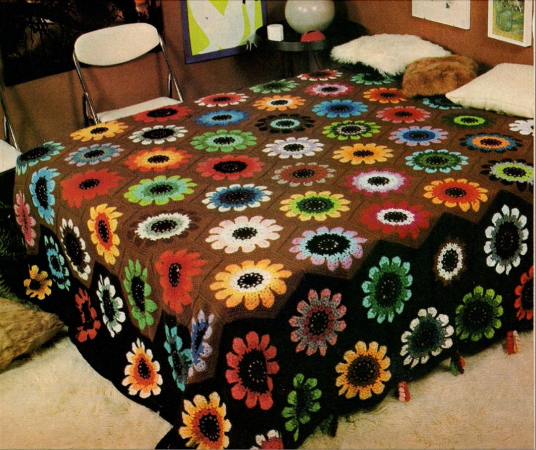 70s Sunflowers Crochet Blanket Pattern Pdf, Large Flowers Afghan or ...