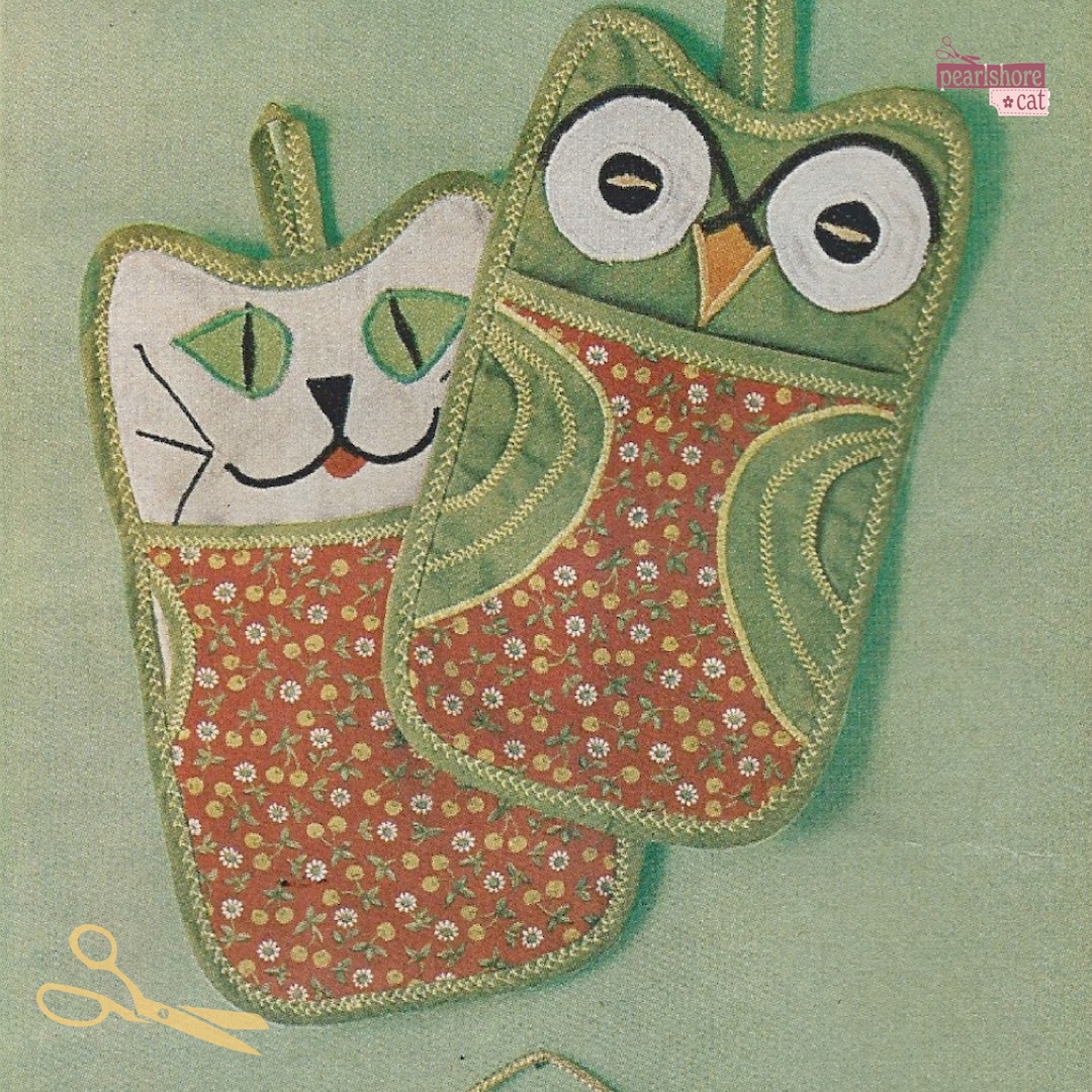 2 Vintage 60s, Cat Face and Owl, Hot Oven Mitts and Pot Holder Sewing ...