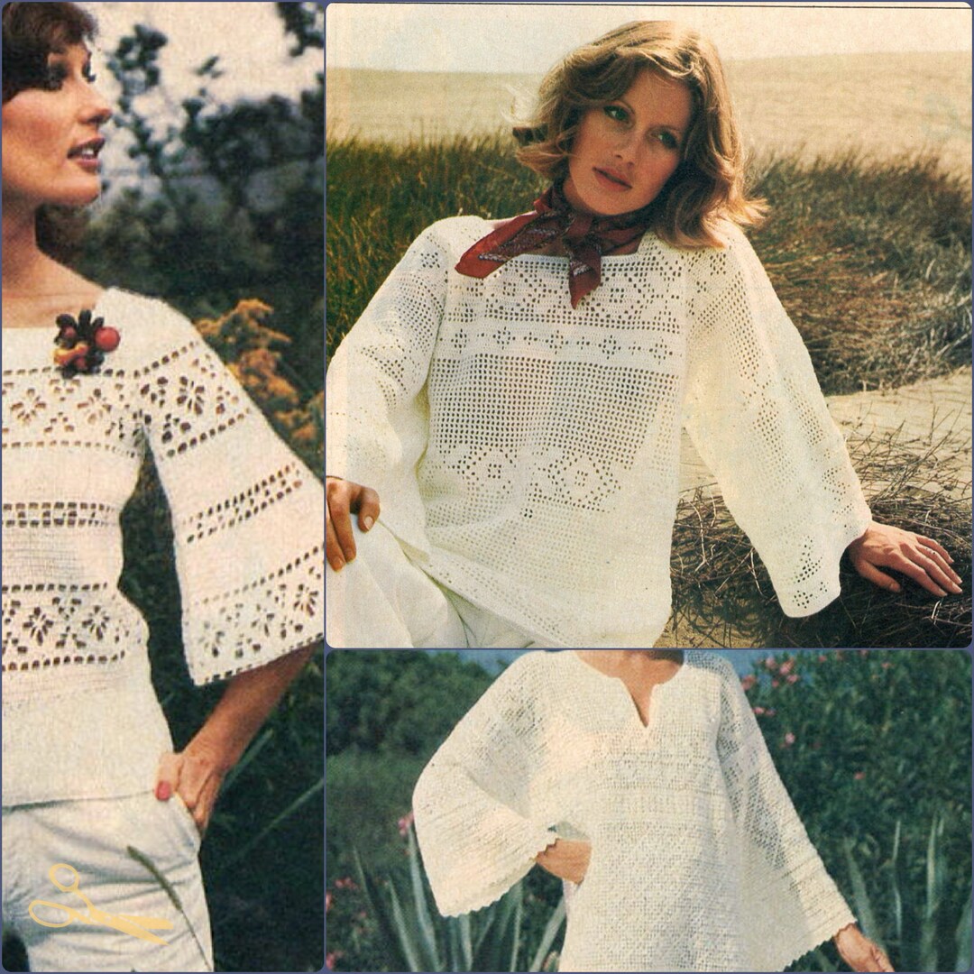 3 70s Bell Sleeve Top Filet Crochet Patterns Pdf Instant Digital ...