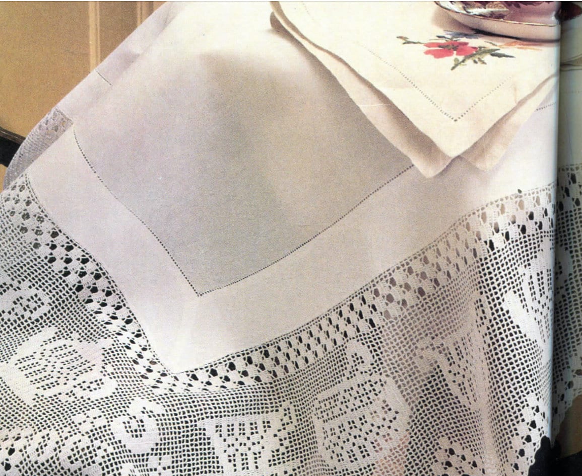 Tea Time Filet Crochet Tablecloth Pattern Vintage Lace Edging | Etsy