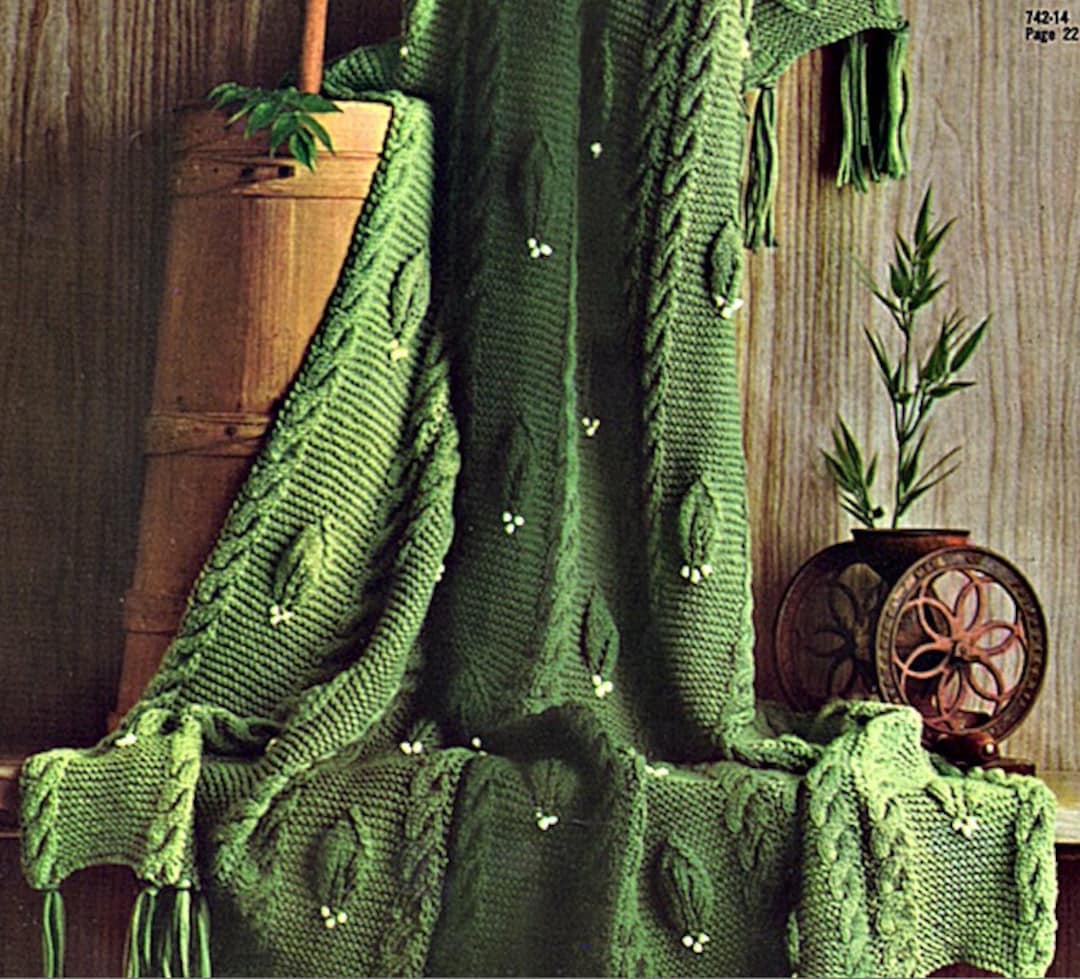 Rustic Green Leaf Blanket Knitting Pattern in Garter Stitch and Cable ...