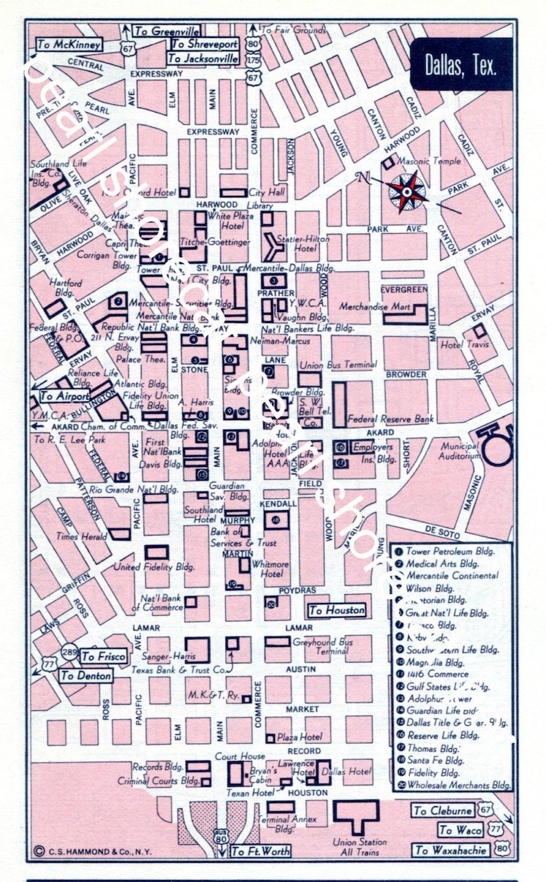1960s Pink Dallas Texas City Street Map Easy Instant Download - Etsy