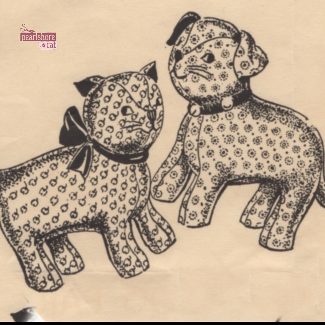 2 Vintage Stuffed Animals Sewing Patterns Dog and Cat, Instant Digital ...