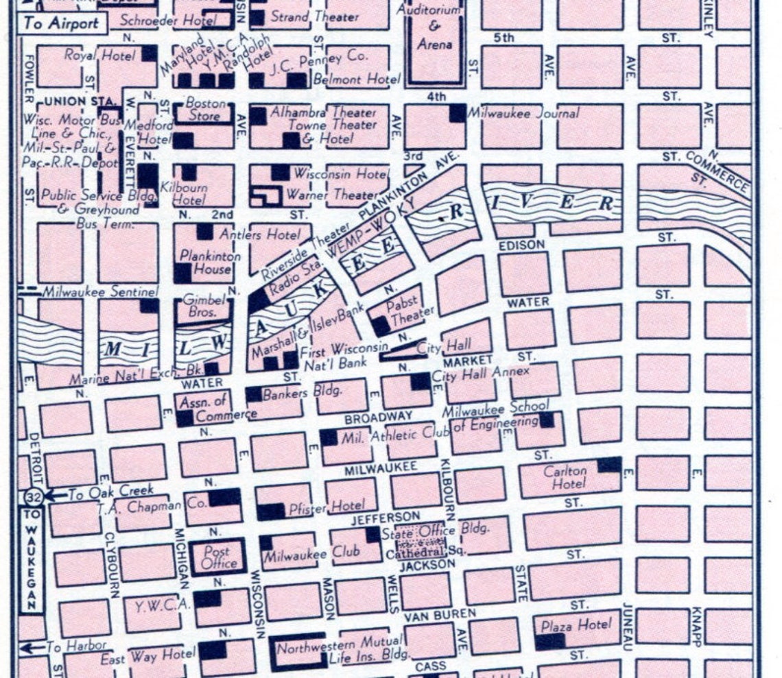 60s Pink Map Milwaukee Wisconsin, Retro Decor Printable State City Road ...