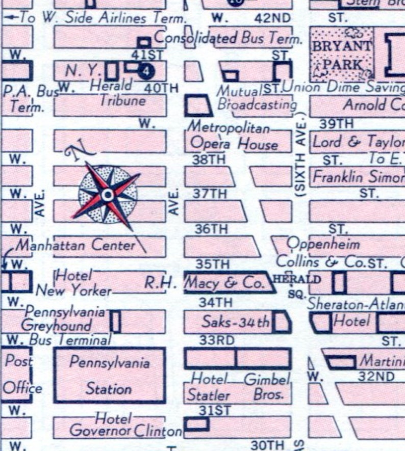 1960s Wall Art New York Manhattan Map Retro Decor Print at - Etsy