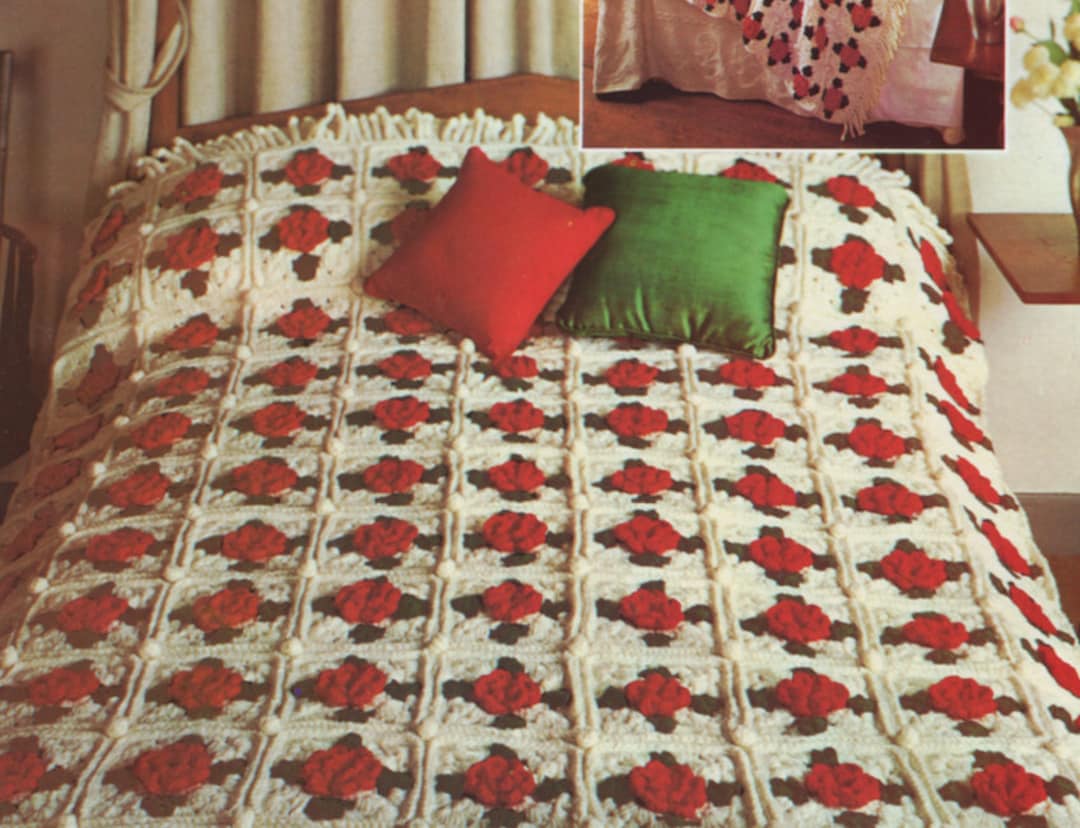 Vintage Rosebud Bedspread Crochet Pattern, Flower Granny Square Afghan ...