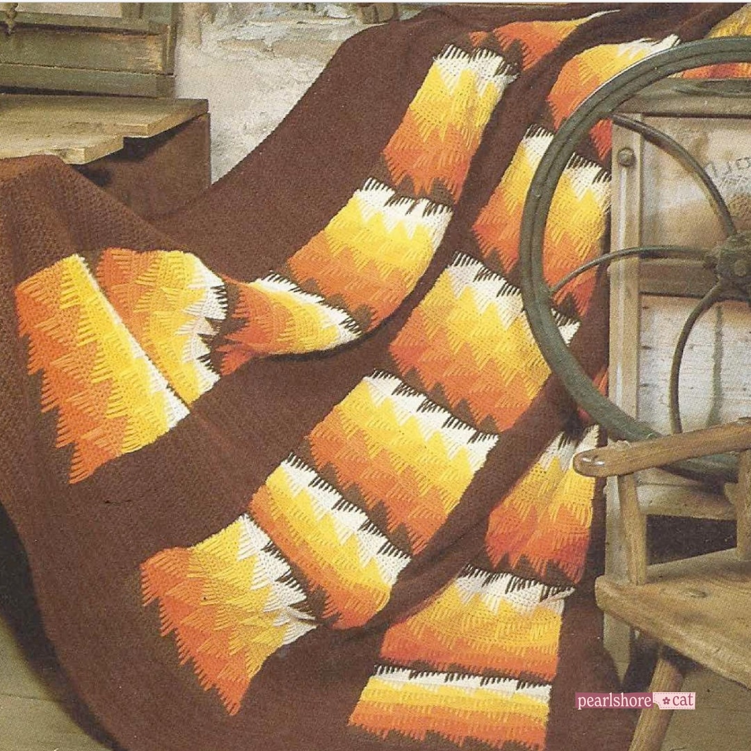 Bargello Afghan Crochet Pattern in Vibrant Autumn Colors, Vintage 70s ...