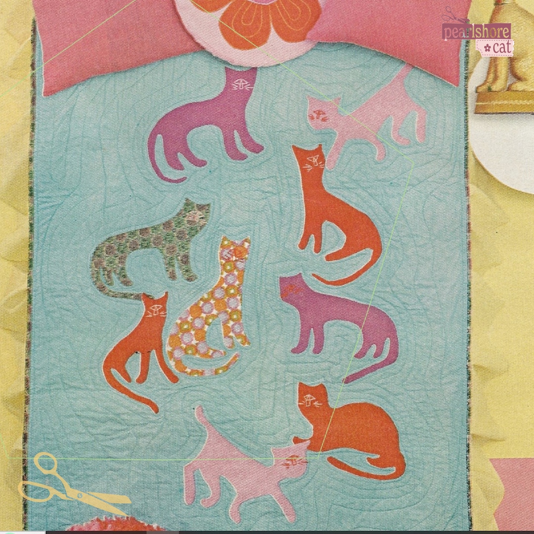 Applique Quilted Sewing Pattern of Retro Cats, Vintage 70s Twin Size 36 ...