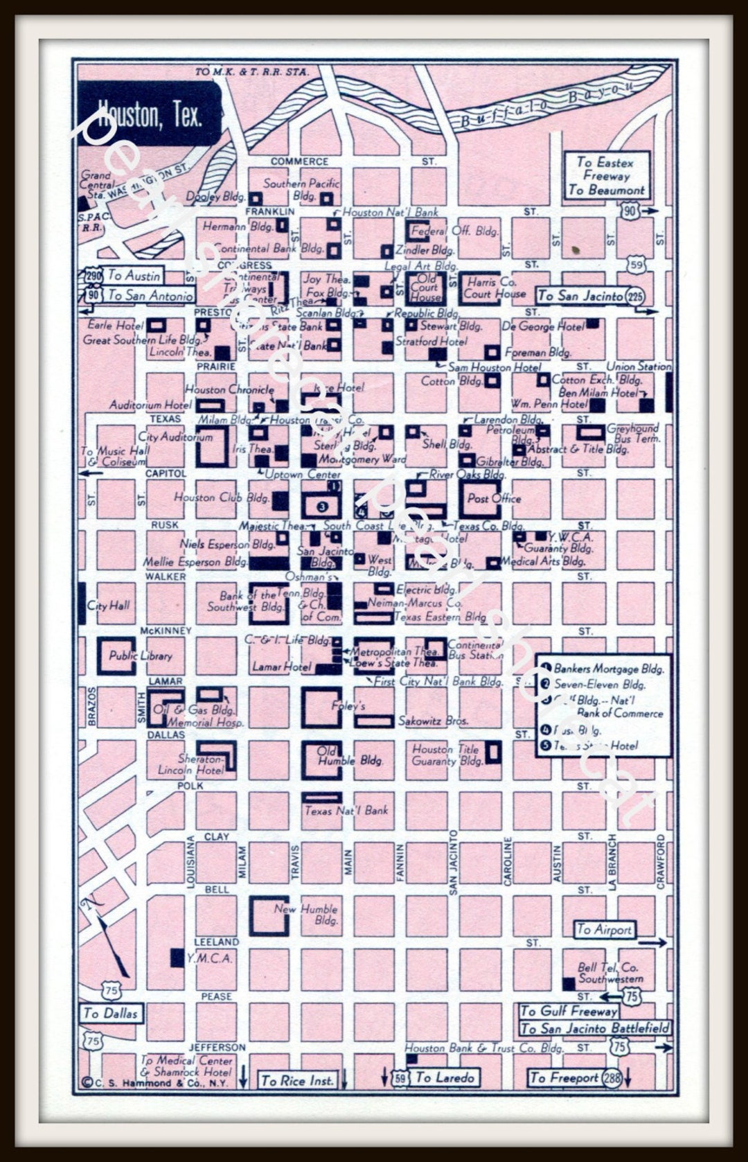 1960s Pink Vintage Map Houston Texas, Retro Decor Print at Home, State ...