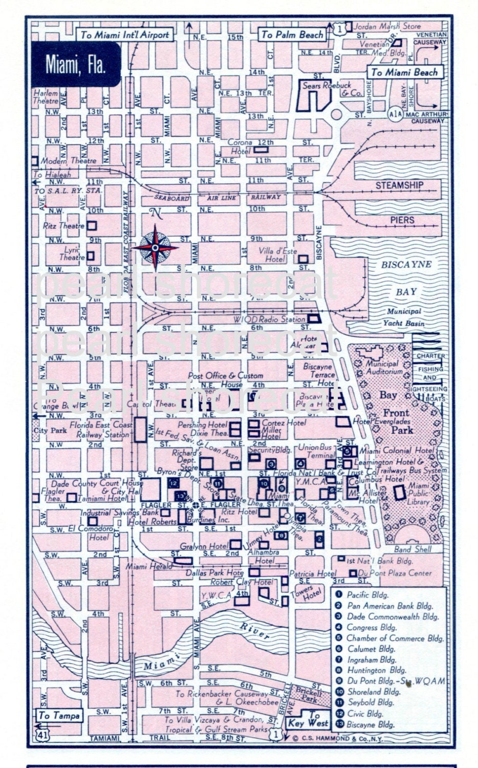 60s Pink Retro Miami Florida City Street Map Vintage Thomas | Etsy