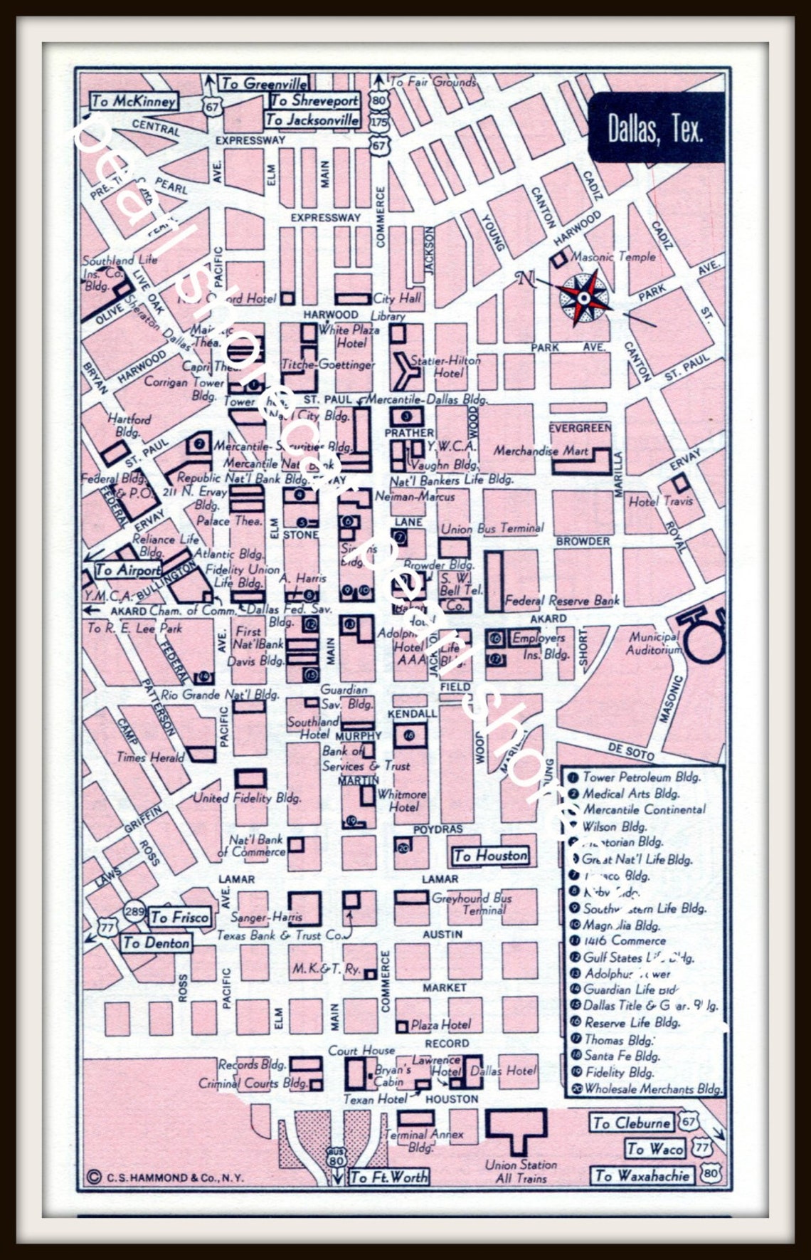 1960s Pink Dallas Texas City Street Map, Easy Instant Download to Print ...