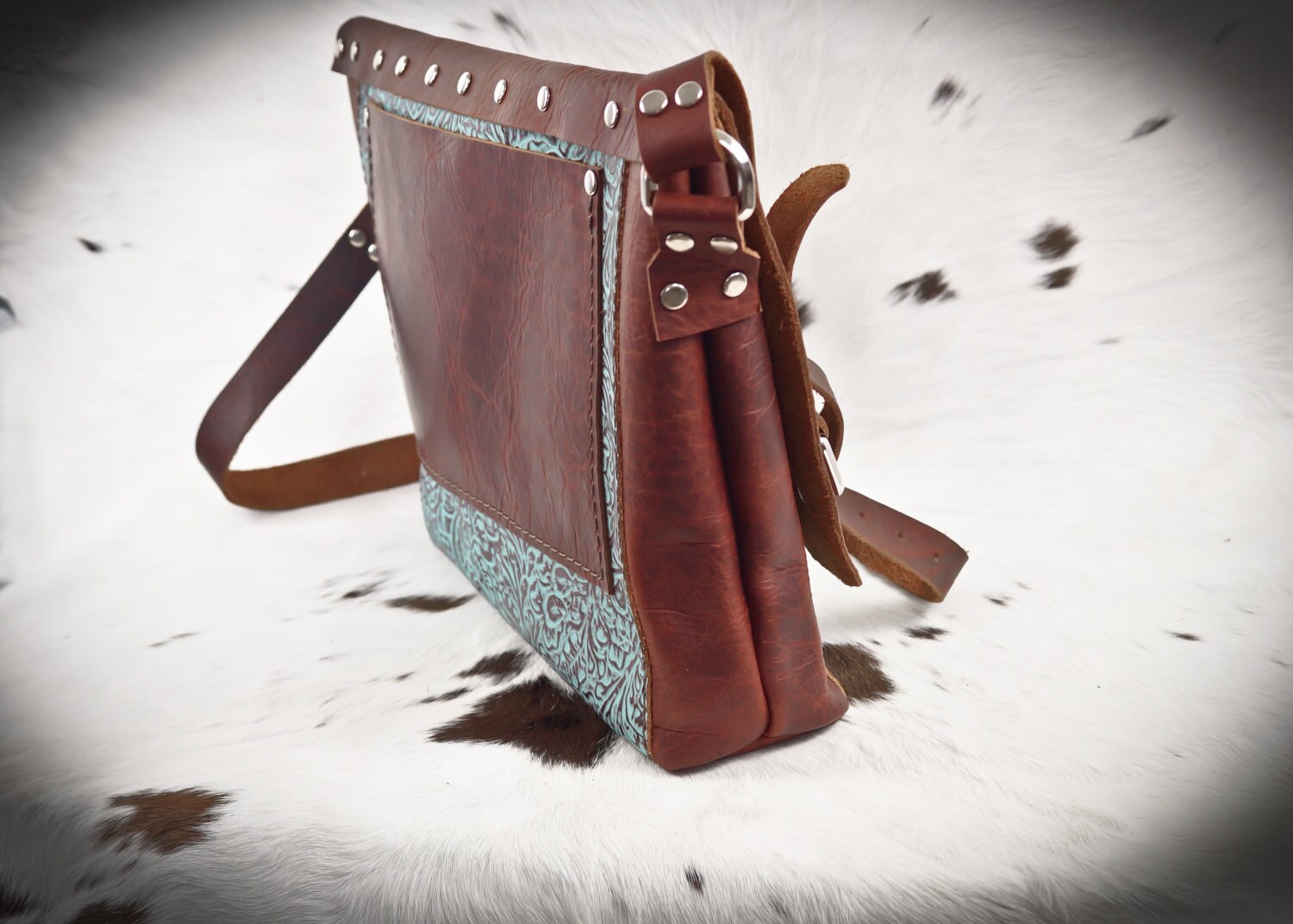 Bison Leather and Turquoise Leather Skeleton Key Handbag or Purse ...