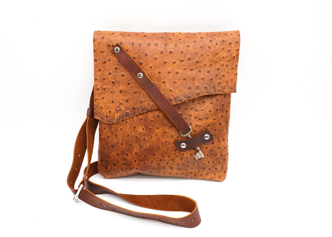 Ostrich Embossed Leather Crossbody Bag Skeleton Key Closure to Be Worn ...