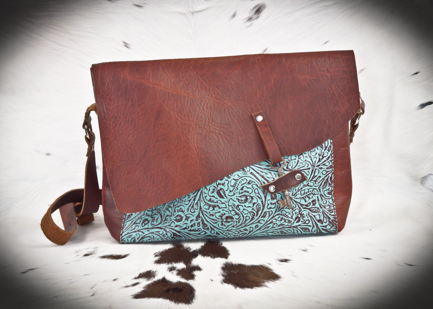 Bison Leather and Turquoise Leather Skeleton Key Handbag or Purse ...