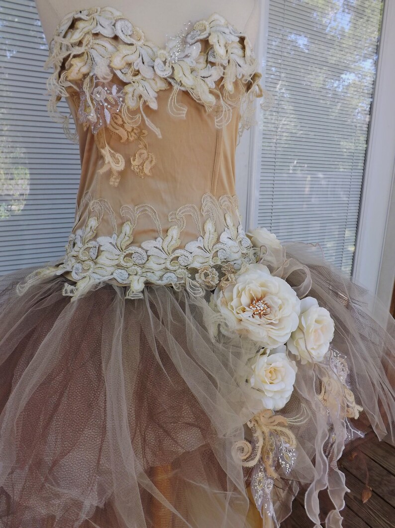 CUSTOM Handmade Wedding Dress Mini Plus Tail Beige Roses Tulle - Etsy